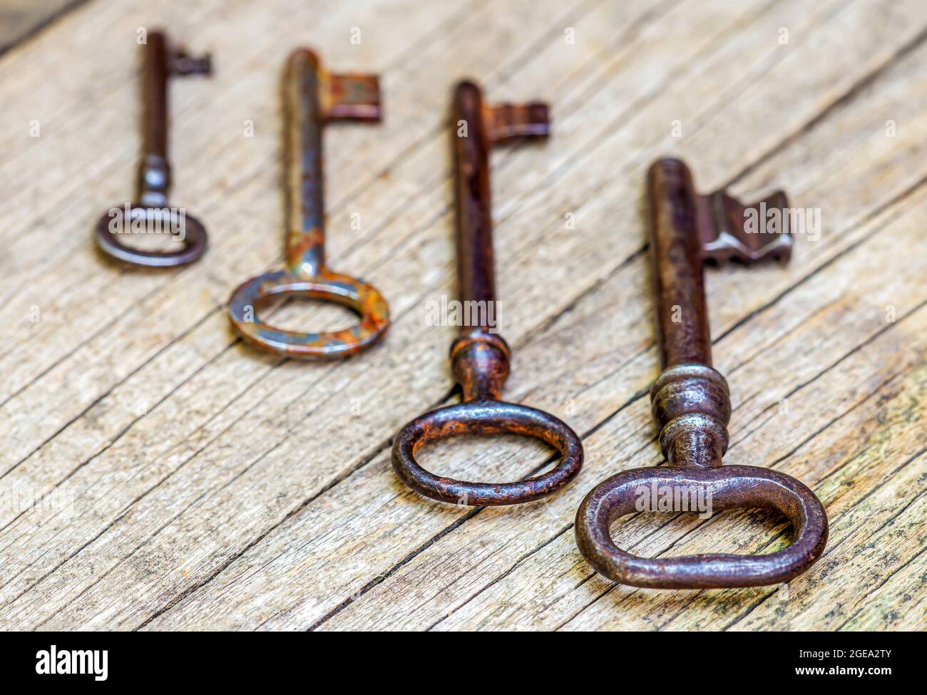 Escape room game concept, old rusty vintage keys on wooden background ...