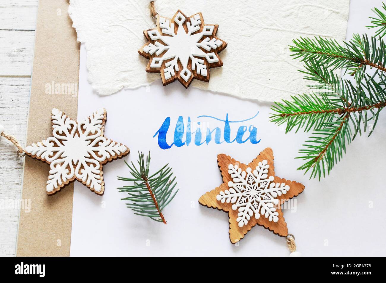 Winter - calligraphy, handwritten letters on white paper. Retro style ...