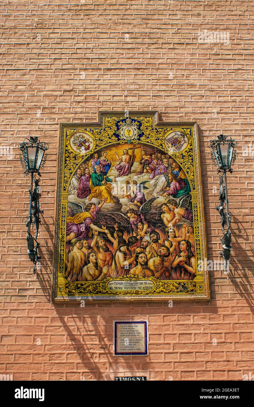 Seville Spain August 17, 2021 Religious picture at the facade of a ...