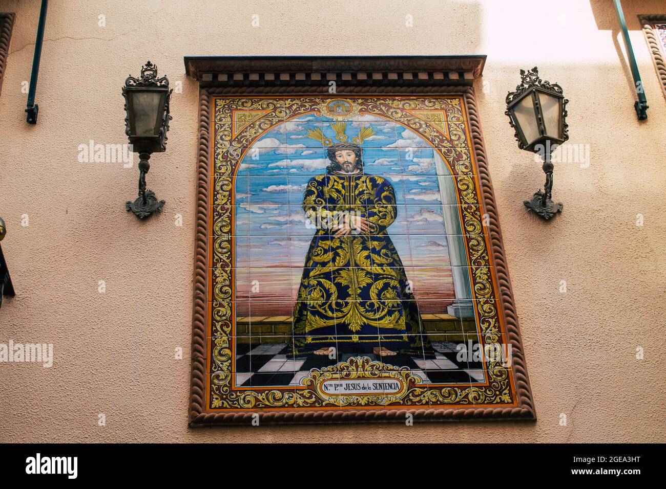 Seville Spain August 17, 2021 Religious picture at the facade of a ...