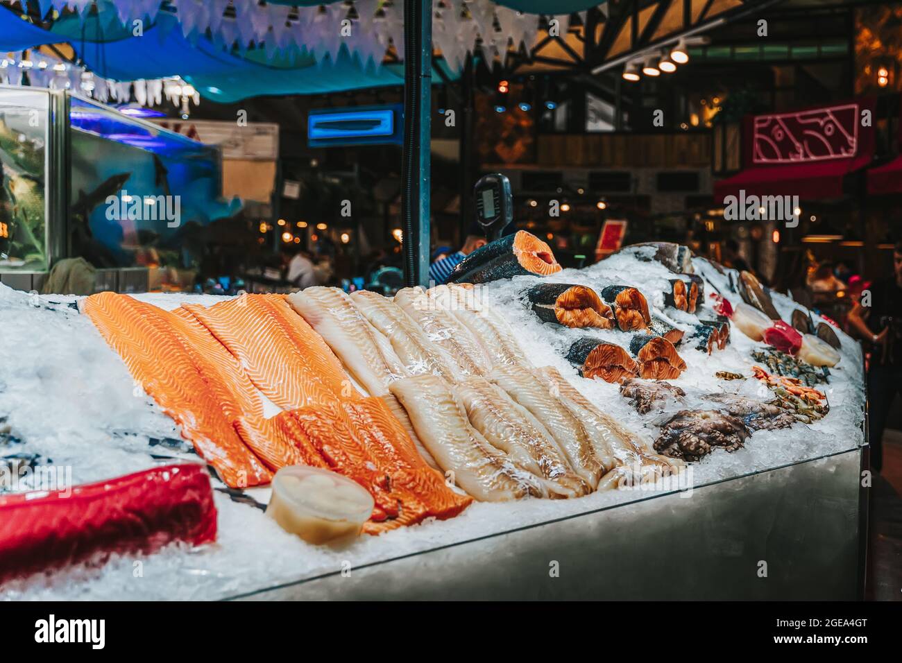 Fillet of fresh fish on ice. Farmers market, supermarket. Sale of ...