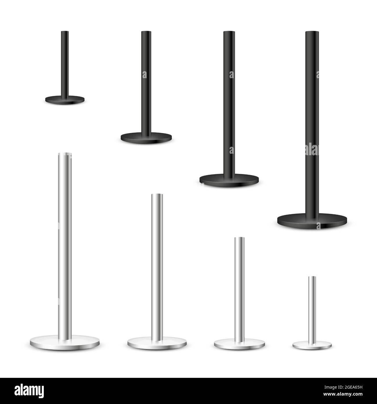 Realistic metal poles collection isolated on white background. Glossy ...