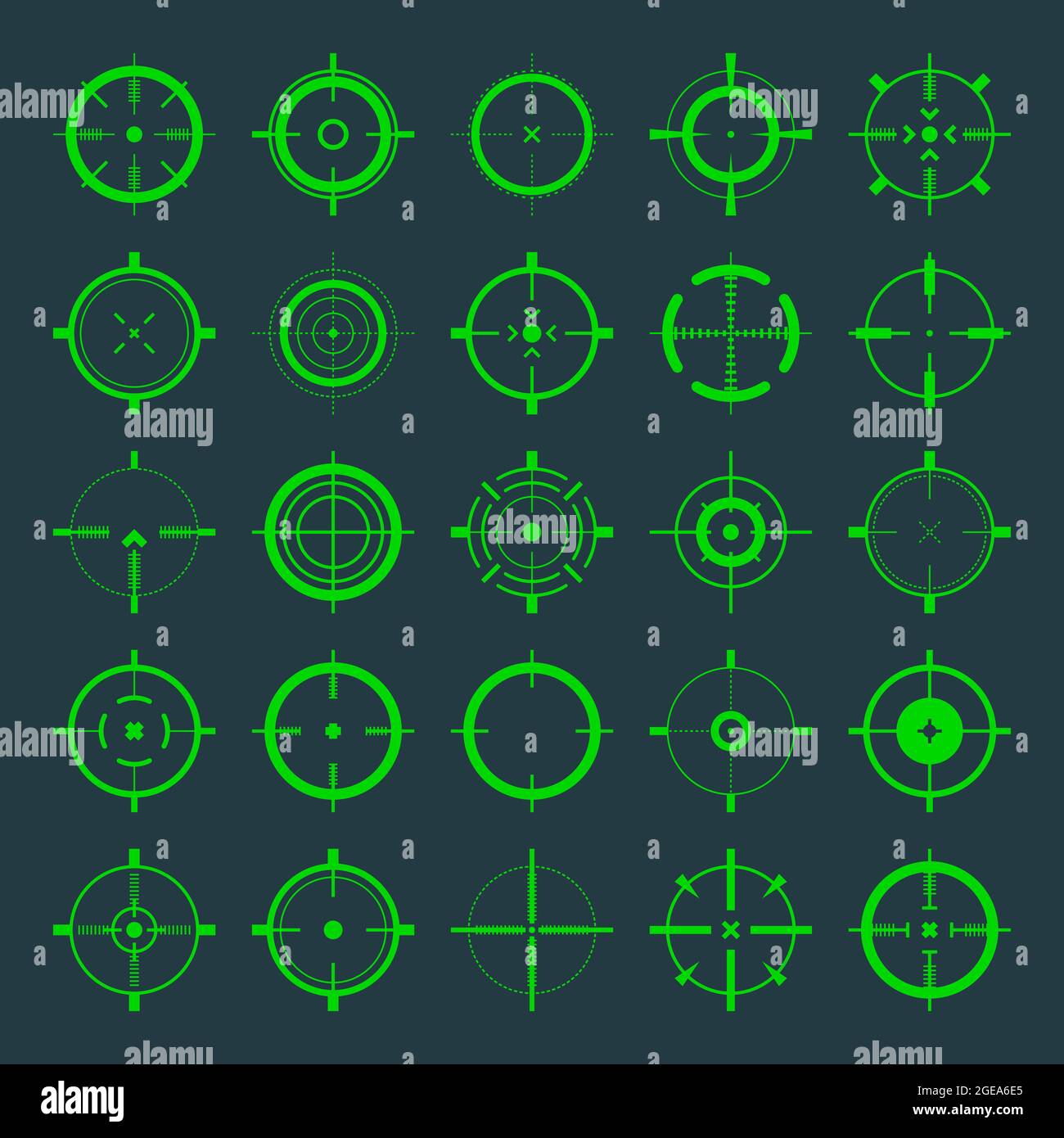 Crosshair, gun sight vector icons. Bullseye, green target or aim symbol ...