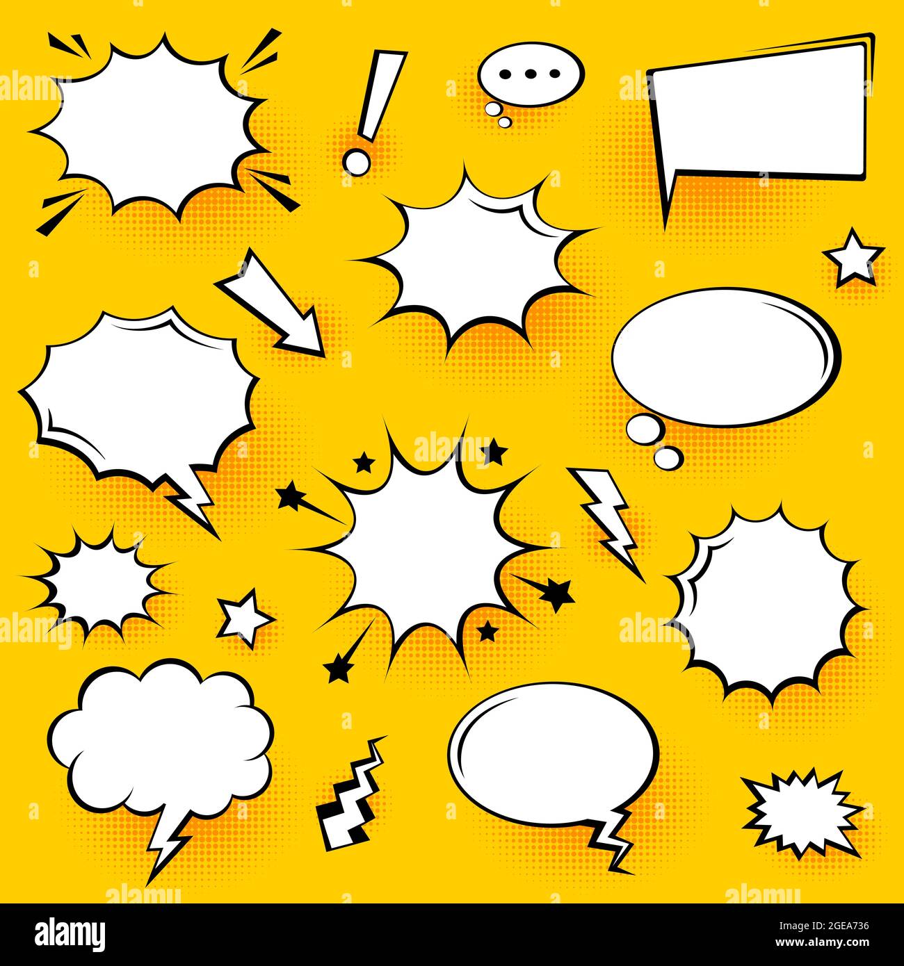 Blank comic speech bubbles with halftone shadows on yellow background ...