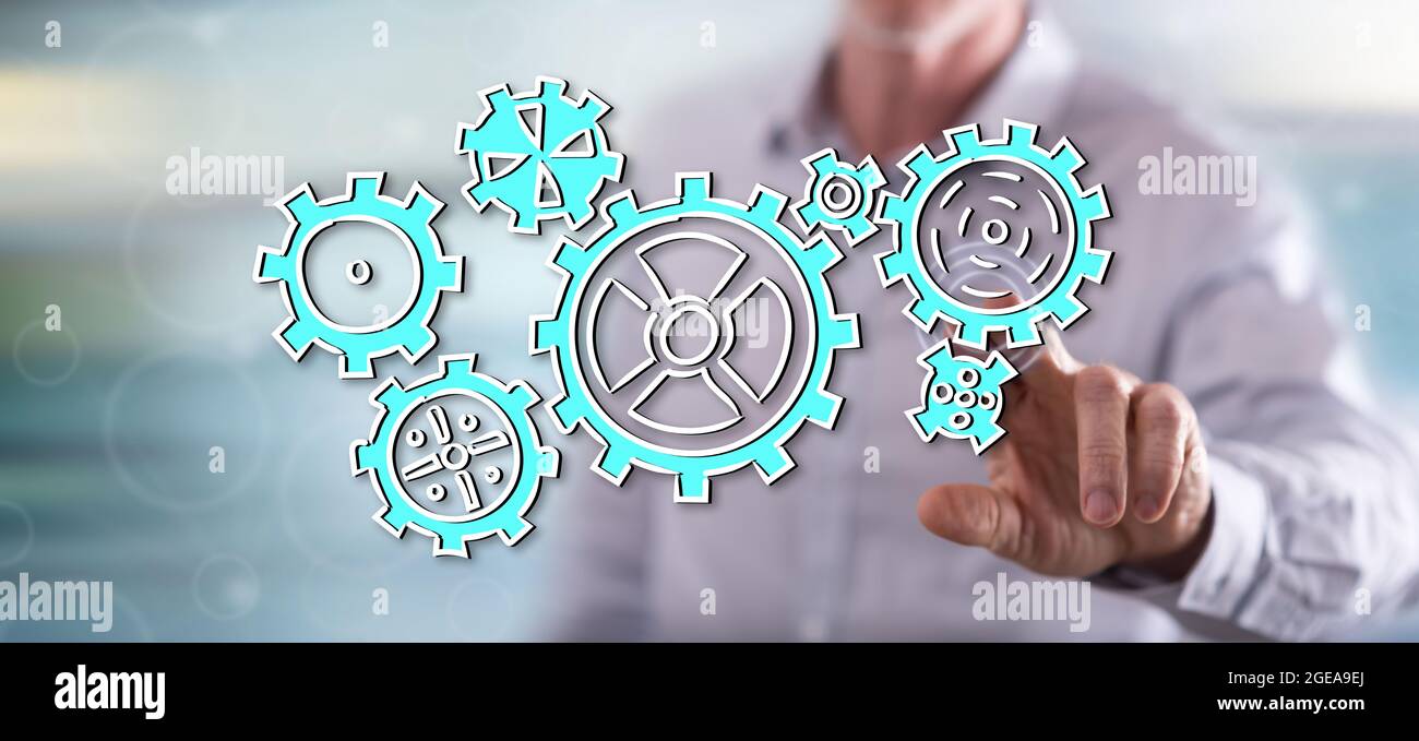 Man touching a cooperation concept on a touch screen with his finger ...