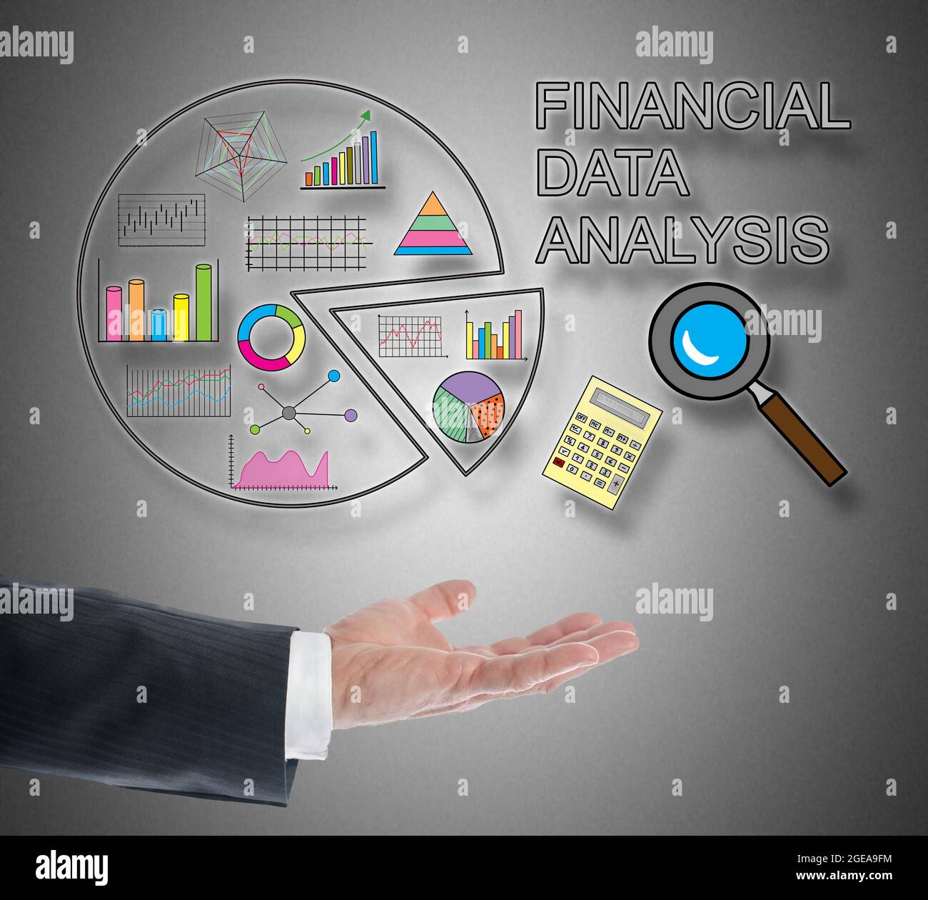 Financial data analysis concept levitating above a hand on grey ...