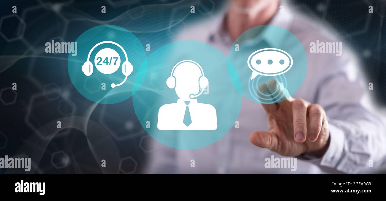 Man touching a call center concept on a touch screen with his finger ...