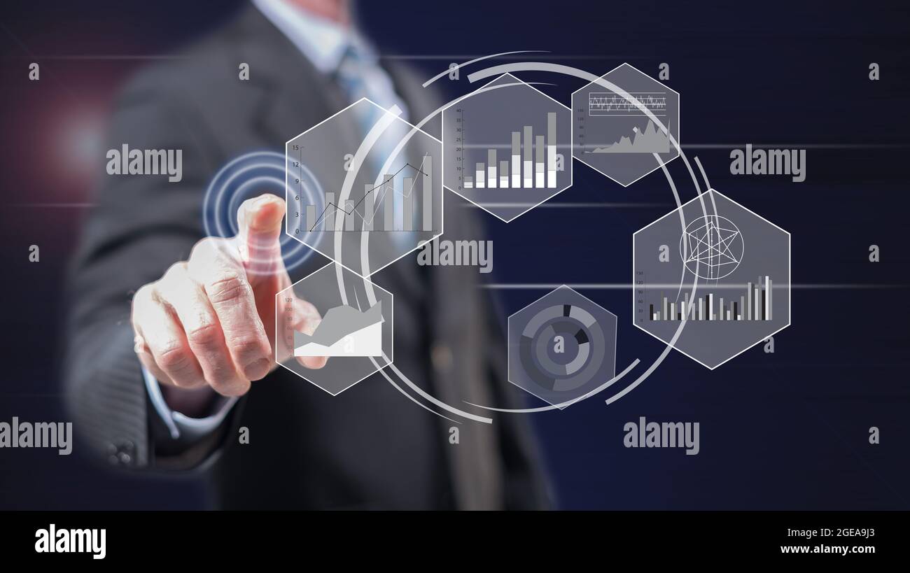 Man touching a data analysis concept on a touch screen with his fingers ...