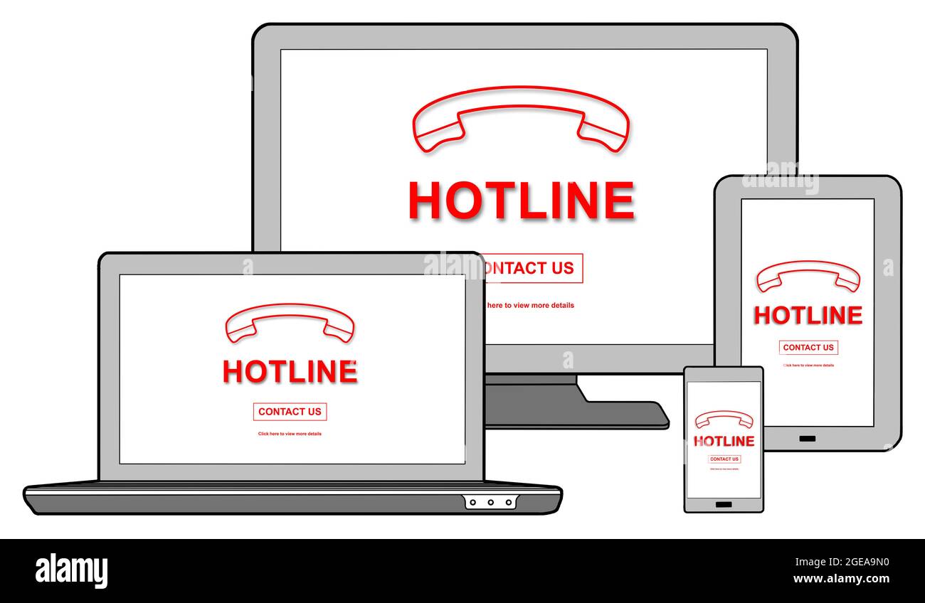 Hotline concept shown on different information technology devices Stock ...