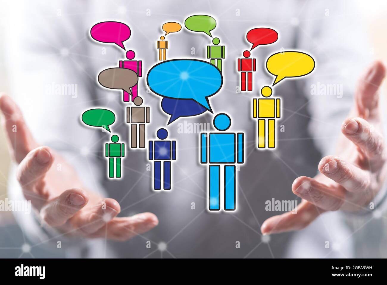 Communication concept above the hands of a man in background Stock ...