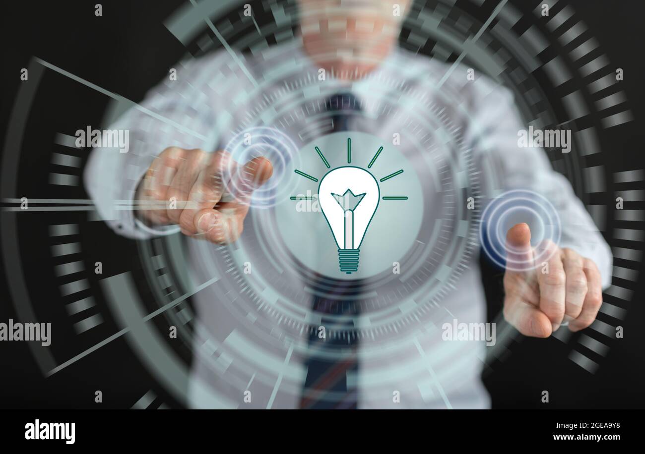 Man touching a new technology innovation concept on a touch screen with ...