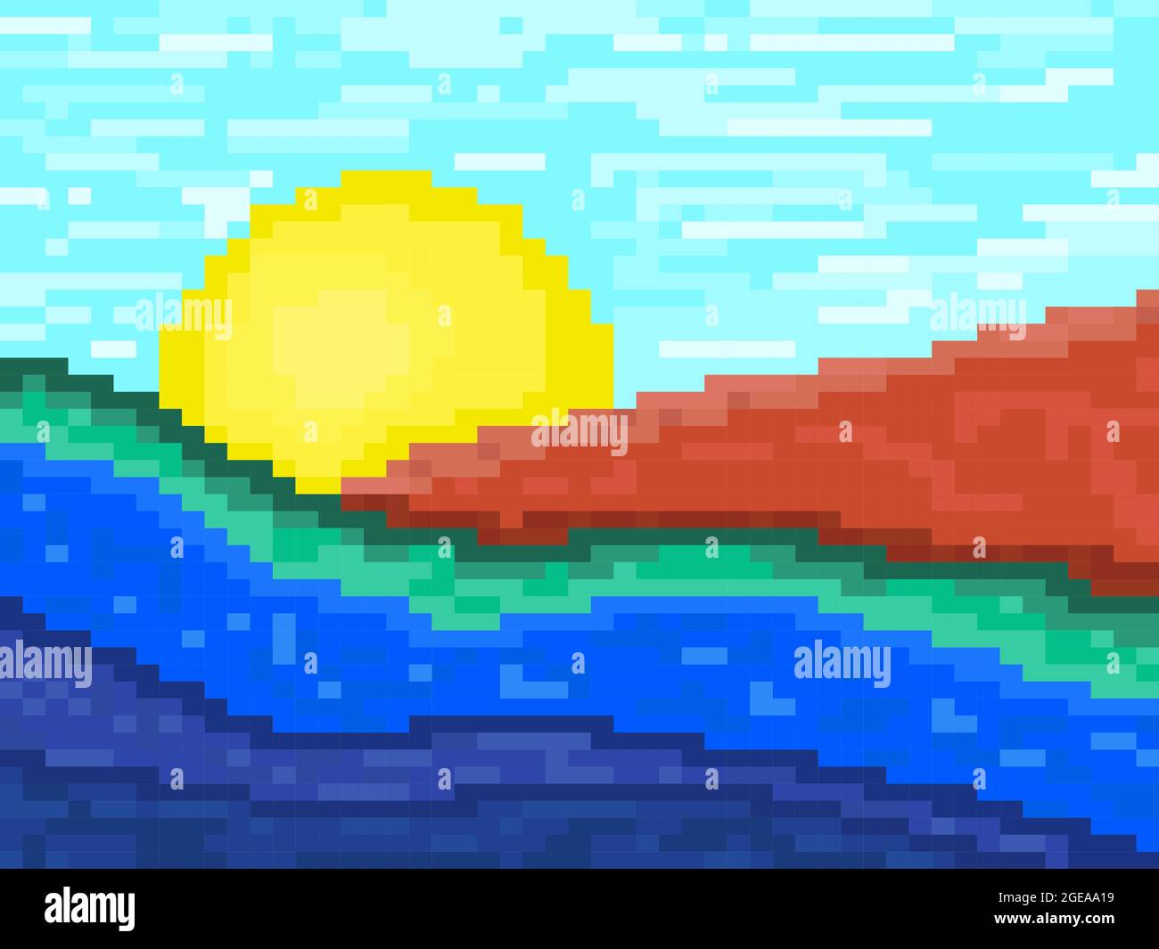 Pixel landscape with river, sun and hills. Sunrise over the mountains ...