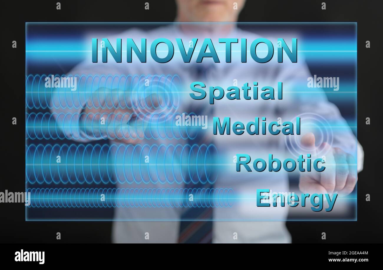 Man touching an innovation concept on a touch screen with his fingers ...