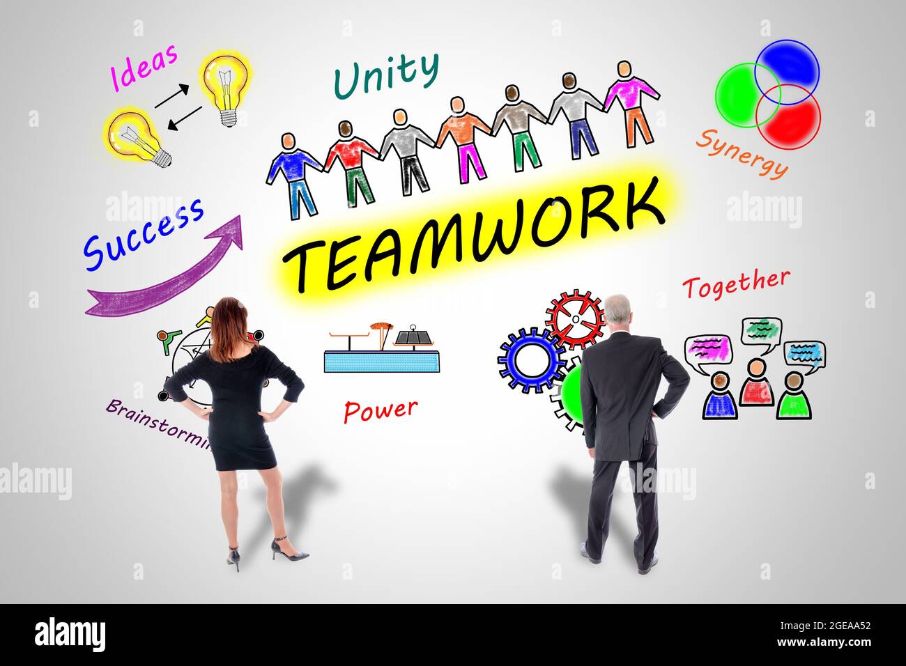 Teamwork concept drawn on a wall watched by business people Stock Photo ...