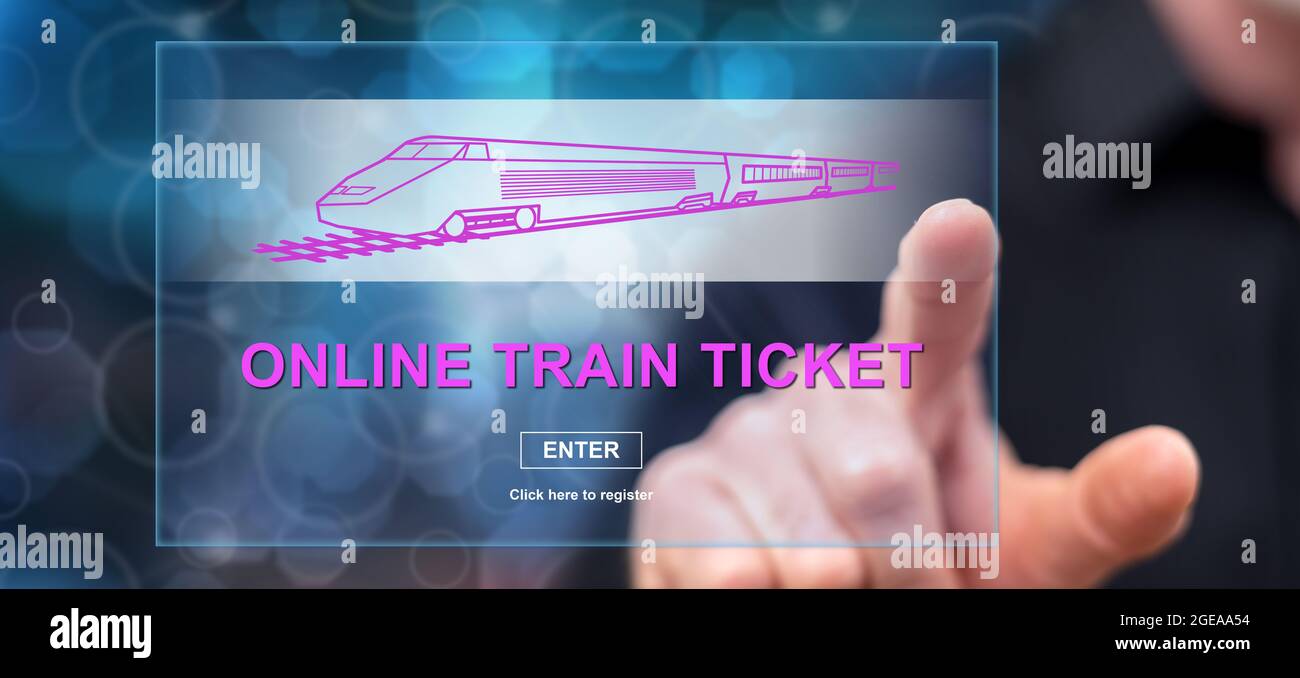 Man touching an online train ticket concept on a touch screen with his ...