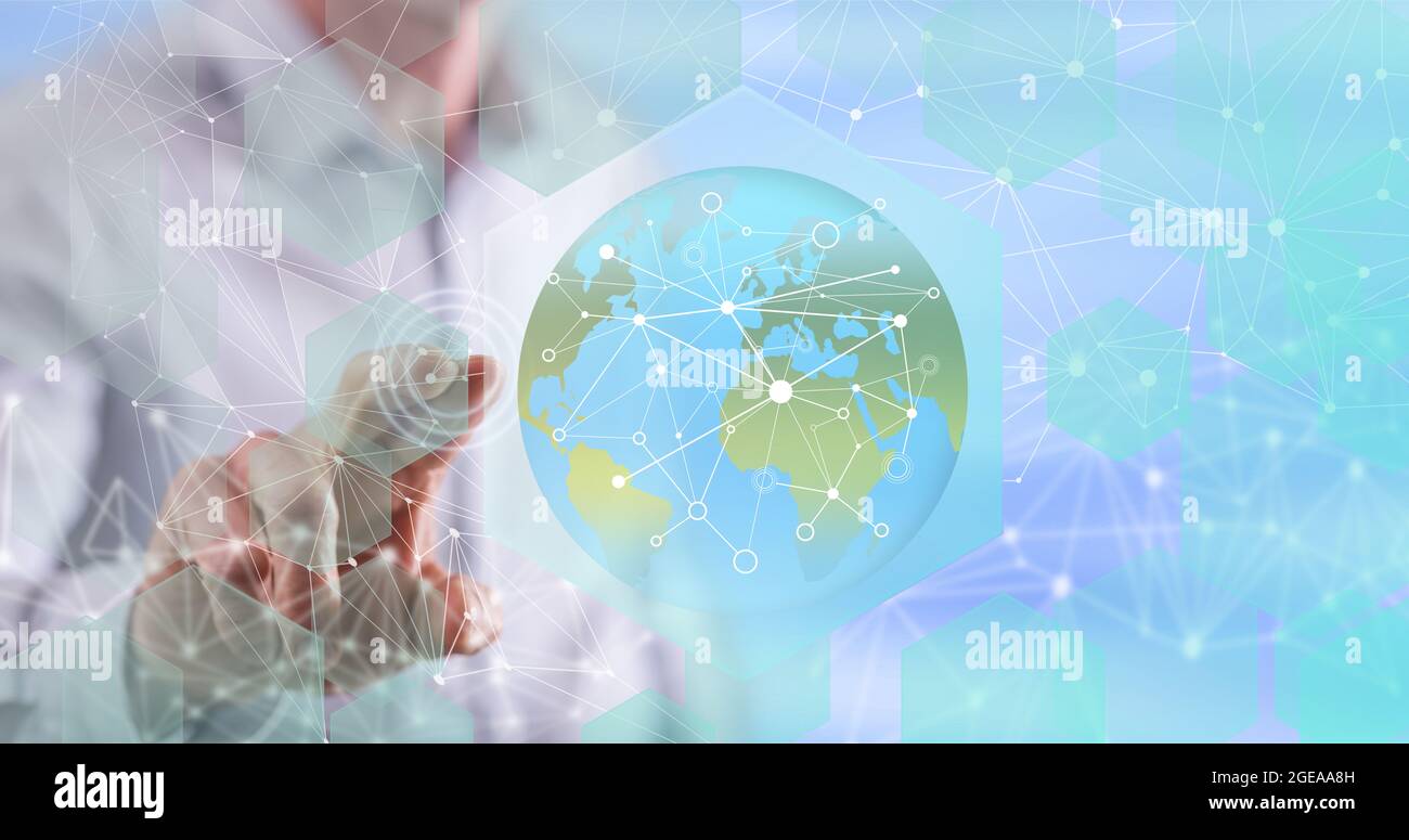 Man touching a global connection concept on a touch screen with his ...