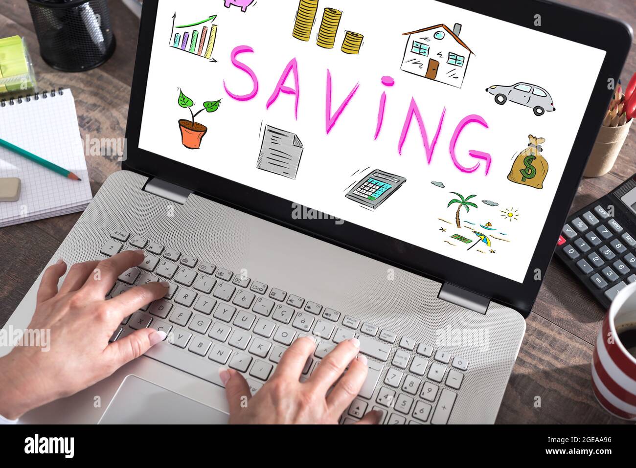 Saving concept shown on a laptop screen Stock Photo - Alamy