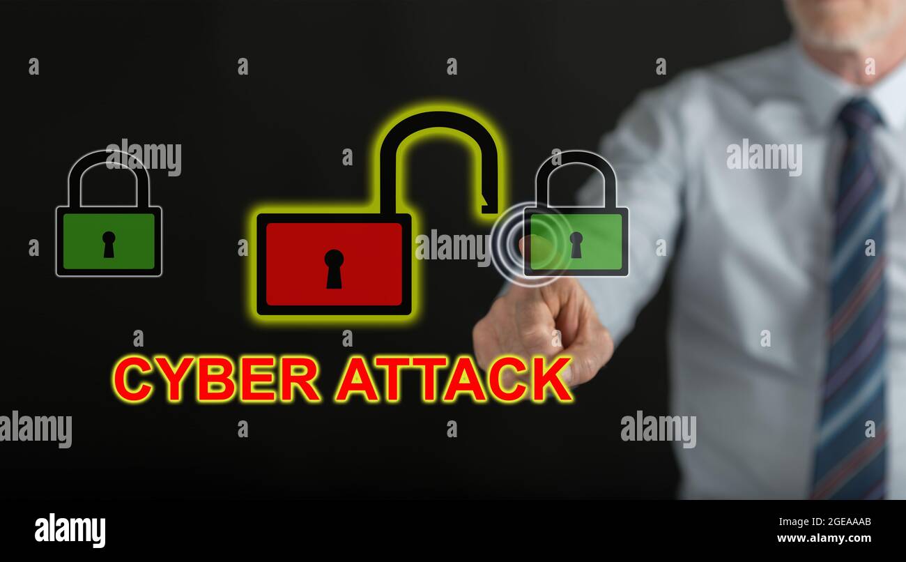 Man touching a cyber attack concept on a touch screen with his finger ...