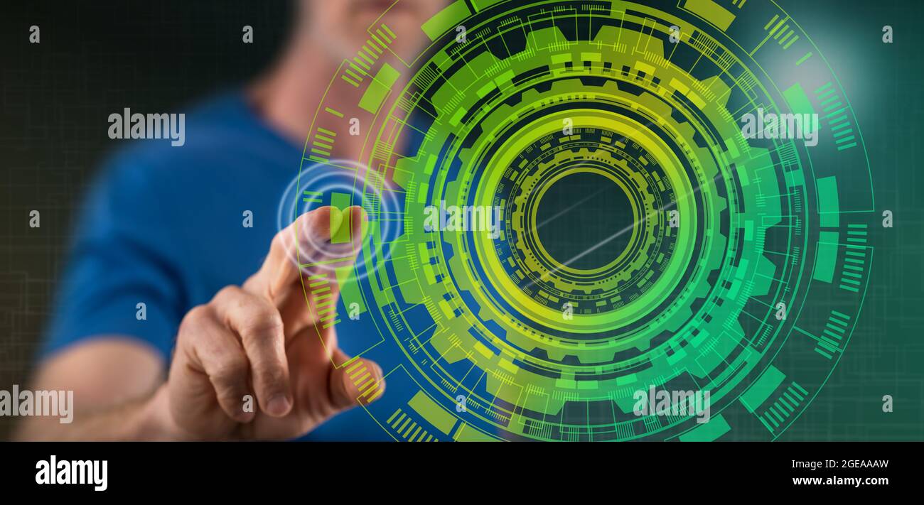 Man touching a tech concept on a touch screen with his finger Stock ...