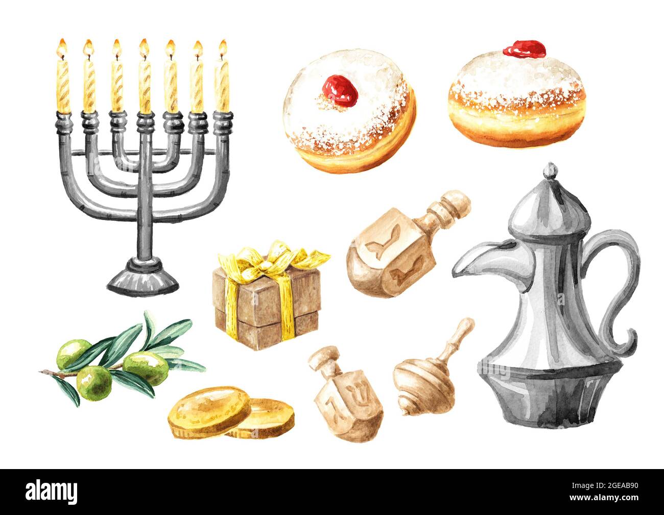Hanukkah design elements set. Hand drawn watercolor illustration ...
