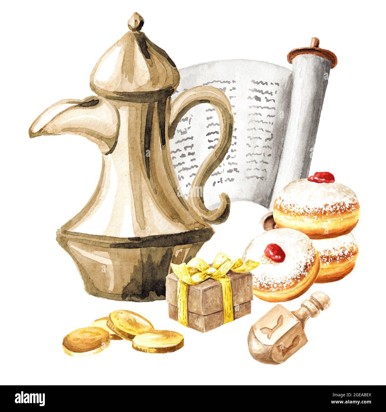 Jewish holiday Hanukkah concept, Torah, traditional donut, jug, some ...