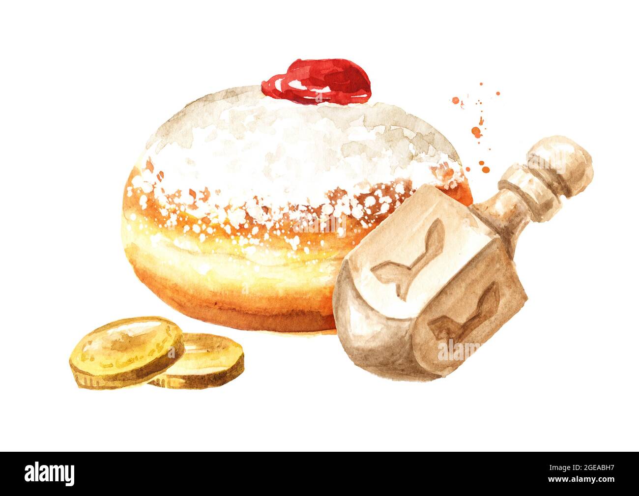 Jewish holiday Hanukkah concept, traditional doughnut, some coins and ...