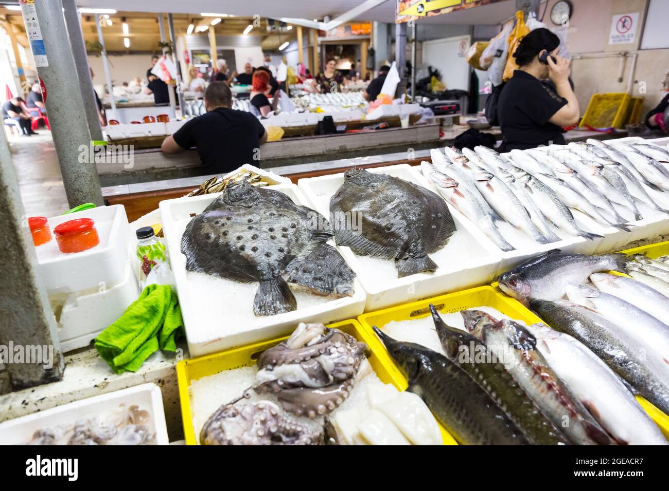 Fresh seafood market in Batumi Georgia. Live fish in ice. Flounder, red ...