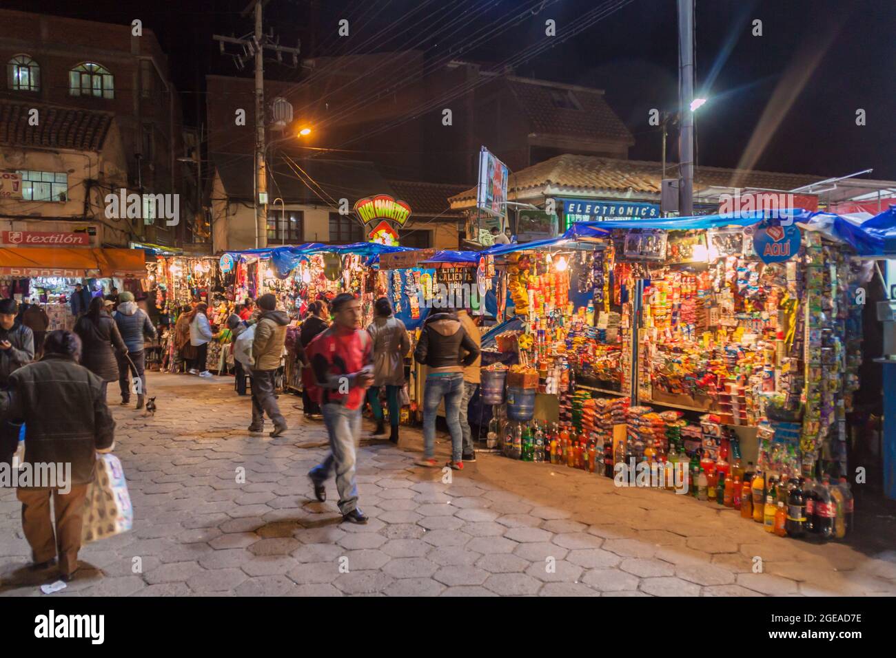 POTOSI, BOLIVIA - APRIL 17, 2015: Night view of a market in Potosi ...