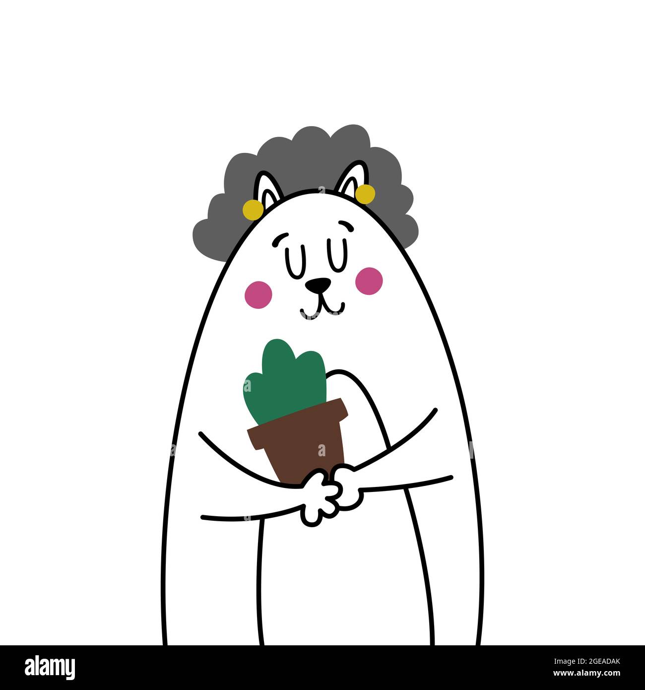 Cute comic grandmother cat. Old gray-haired granny smiles and holds a ...