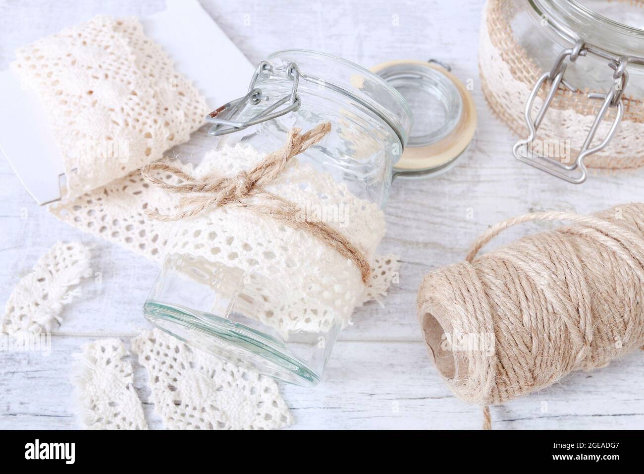 How to make glass jar decorated with lace and string. Step by step ...