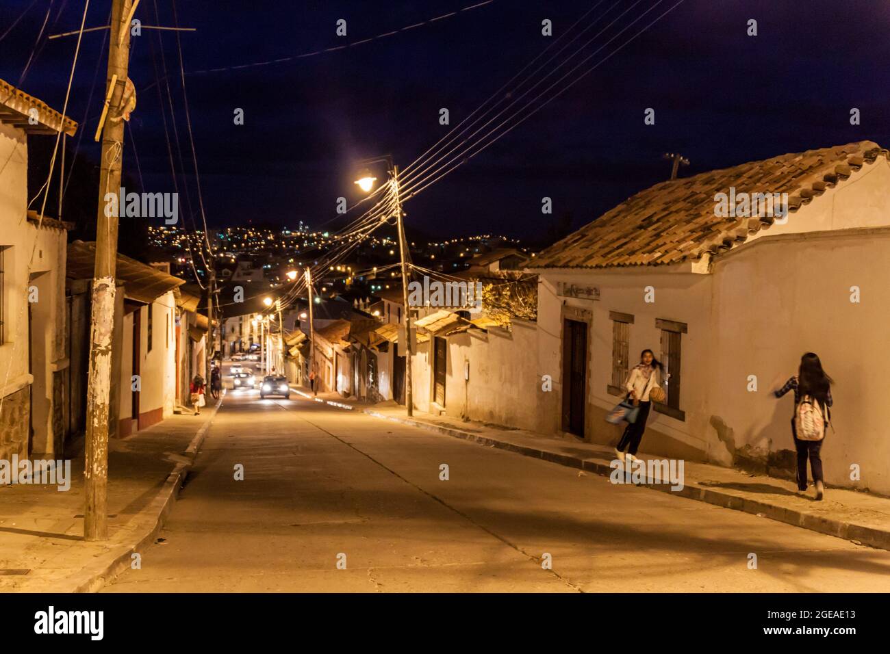 SUCRE, BOLIVIA - APRIL 21, 2015: Night view of a street in Sucre ...