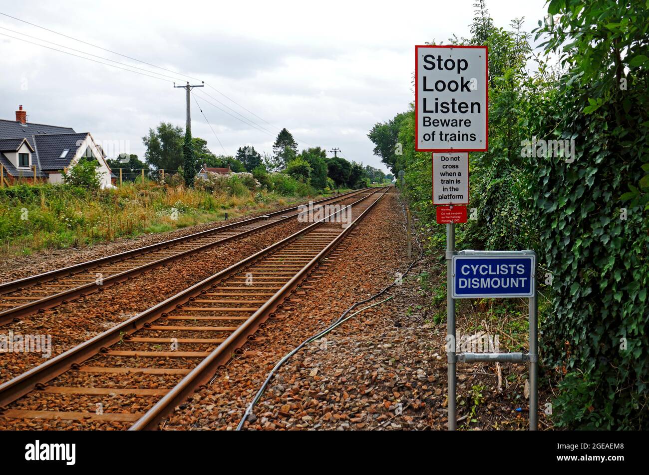 A view of warning and hazard signs at Salhouse Station on the Bittern ...