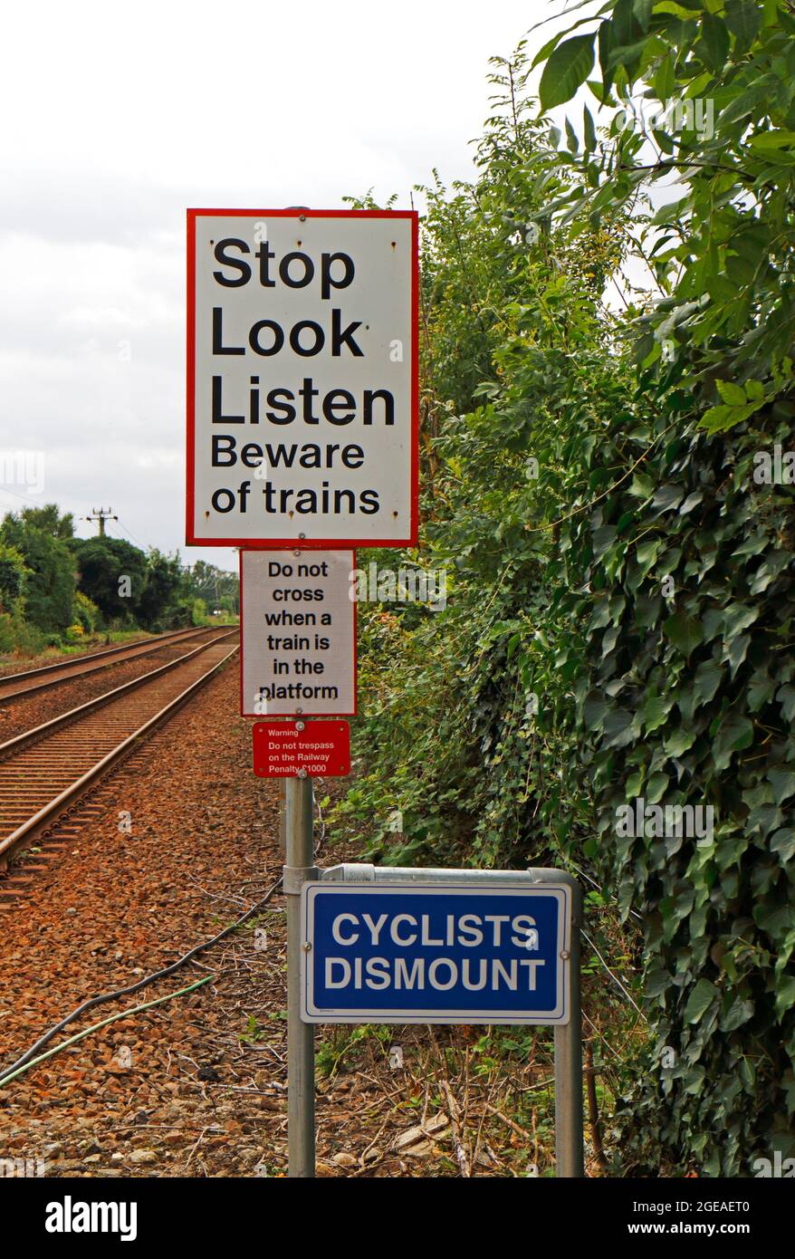 A view of warning and hazard signs at Salhouse Station on the Bittern ...