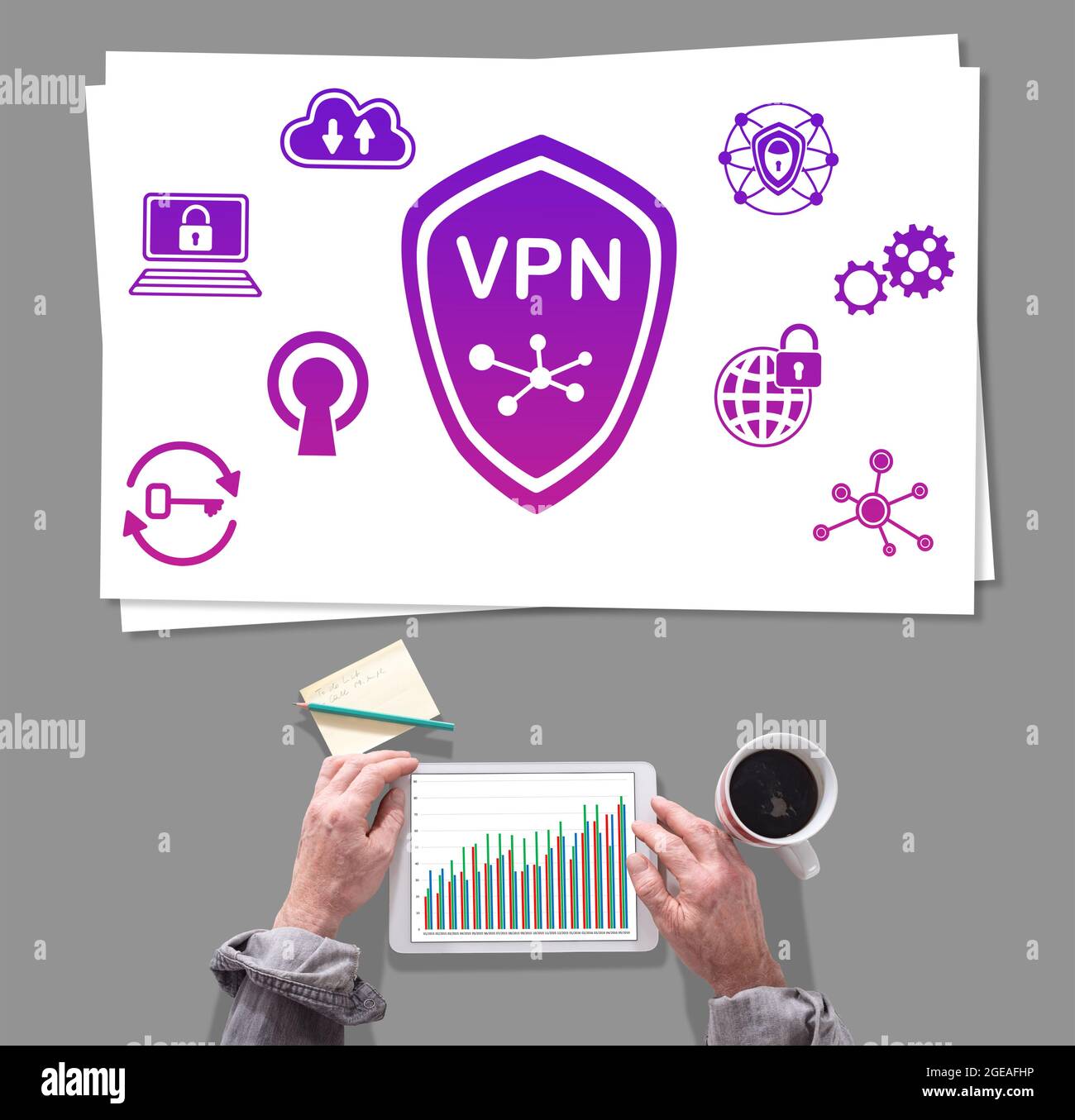 Male hands using tablet in front of vpn concept Stock Photo - Alamy