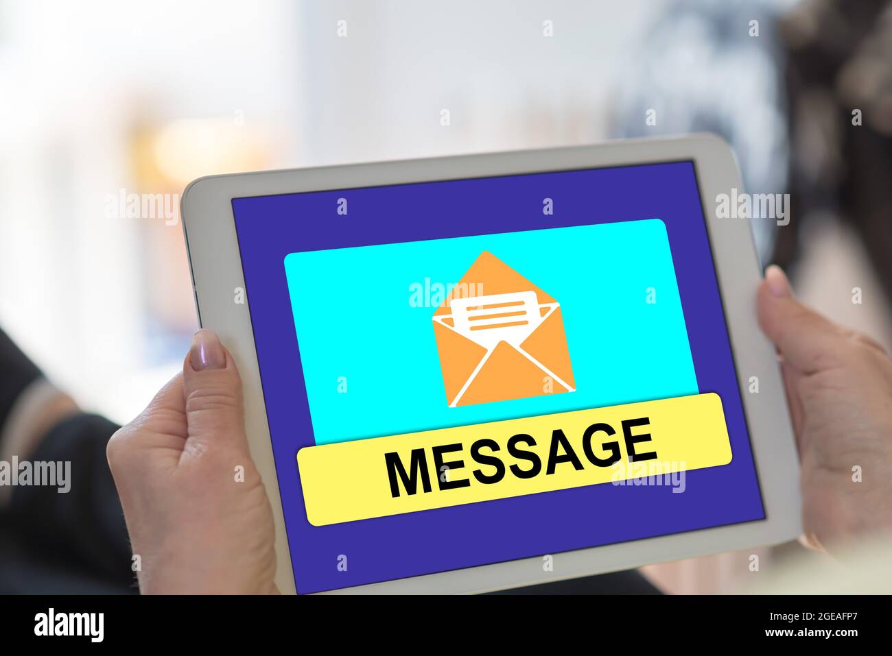 Tablet screen displaying a message concept Stock Photo - Alamy
