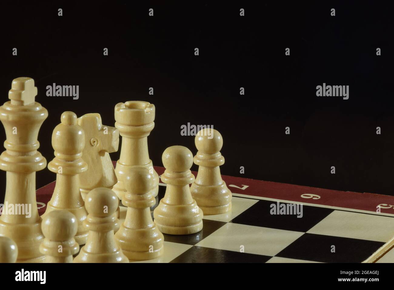 On the left side of the chessboard are different white chess pieces of ...