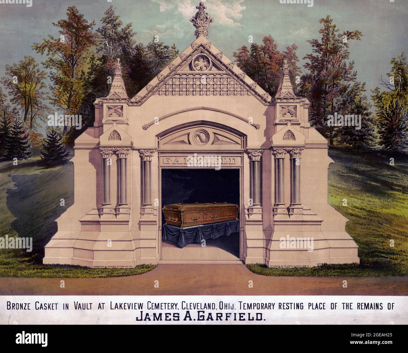 Bronze casket in vault at Lakeview Cemetery, Cleveland, Ohio. Temporary ...