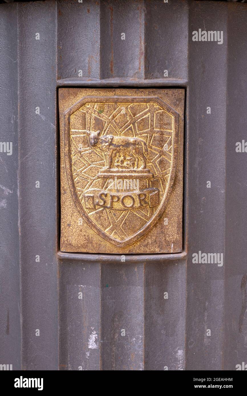 Rome, Italy - May 12, 2010: Golden logo with she-wolf and SPQR writing ...