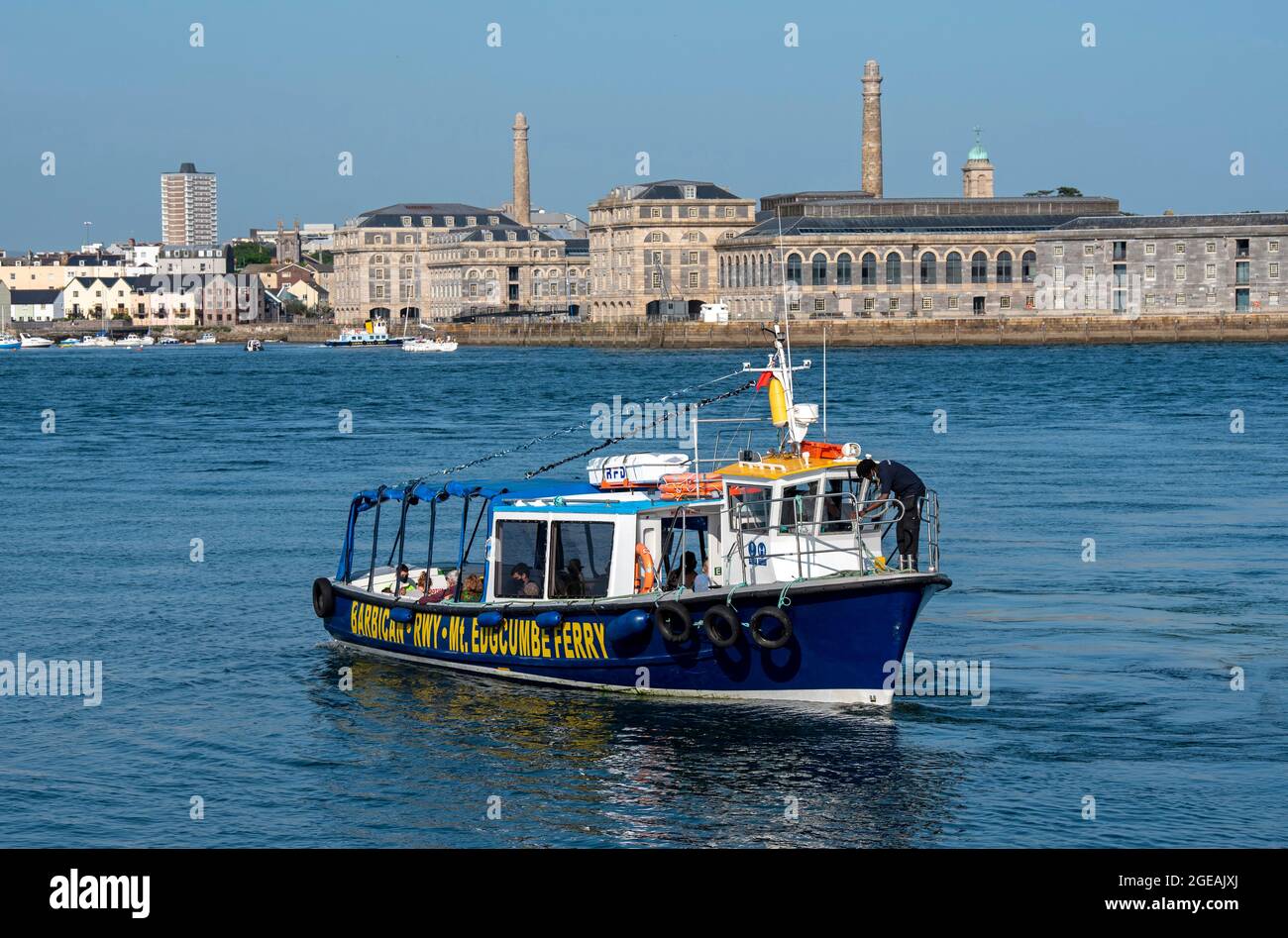 Cremyll, Cornwall, England, UK. 2021. Passengers aboard a small ferry ...