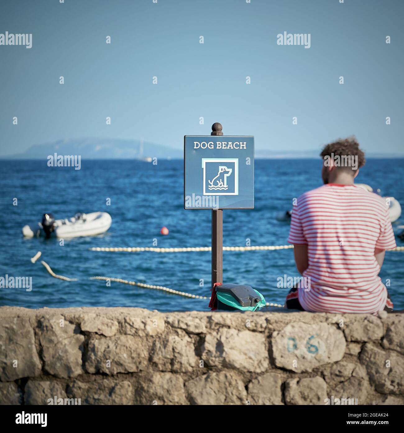 Sign with the inscription dog beach on a campsite in Krk in Croatia ...