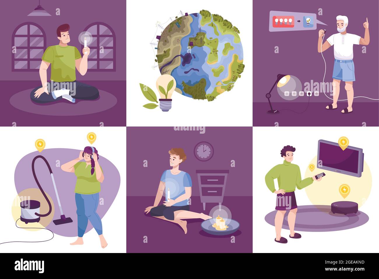 Flat electricity icon set with saving electricity turning off lights ...