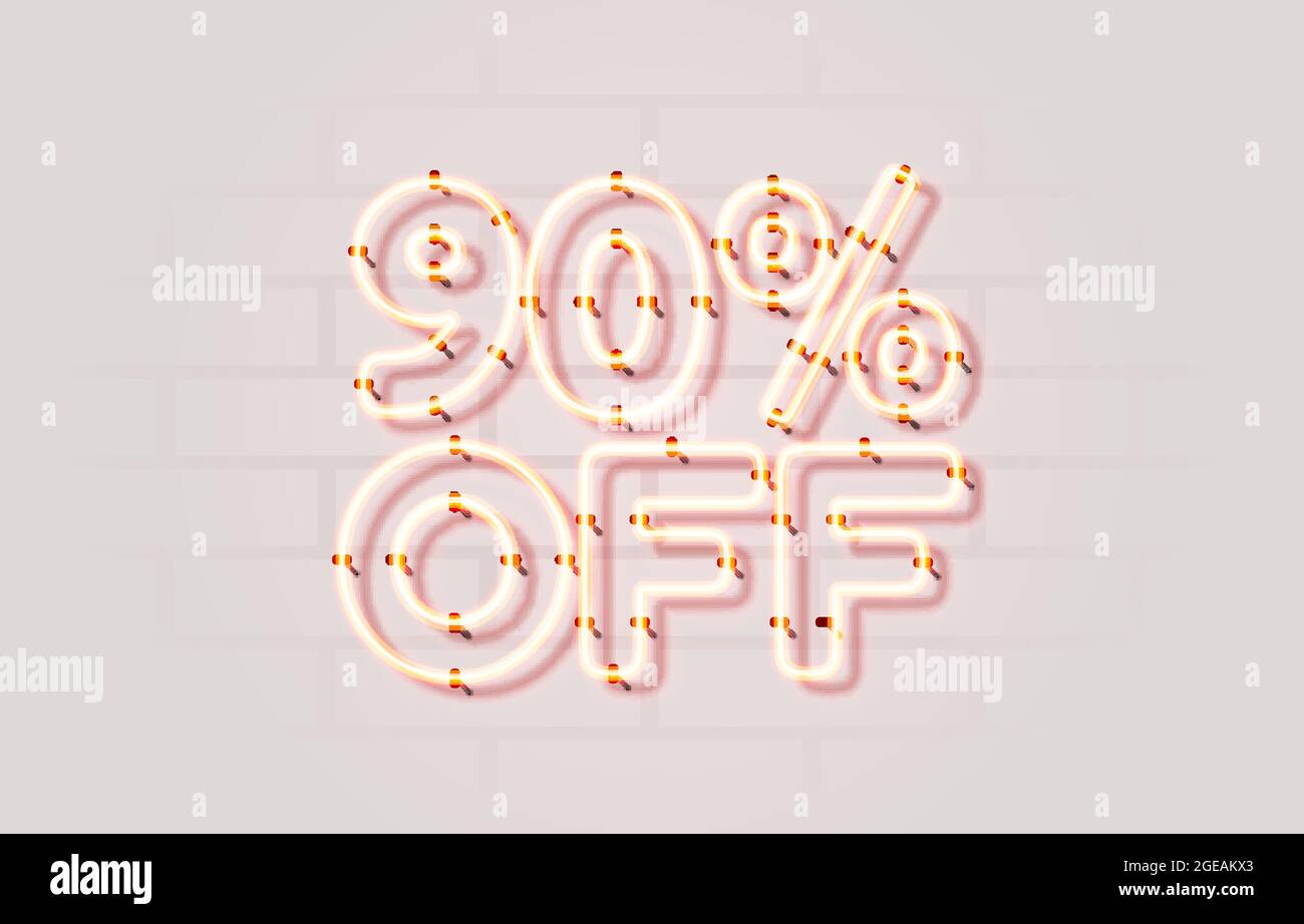 Neon 90 off sale banner. Sign board promotion. Vector illustration ...
