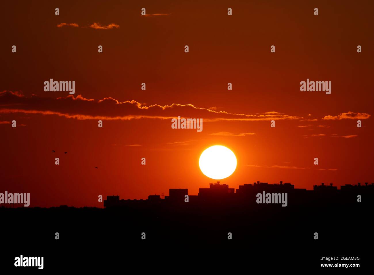 Sunset over city, scenic view. Setting sun and orange sky with dark ...