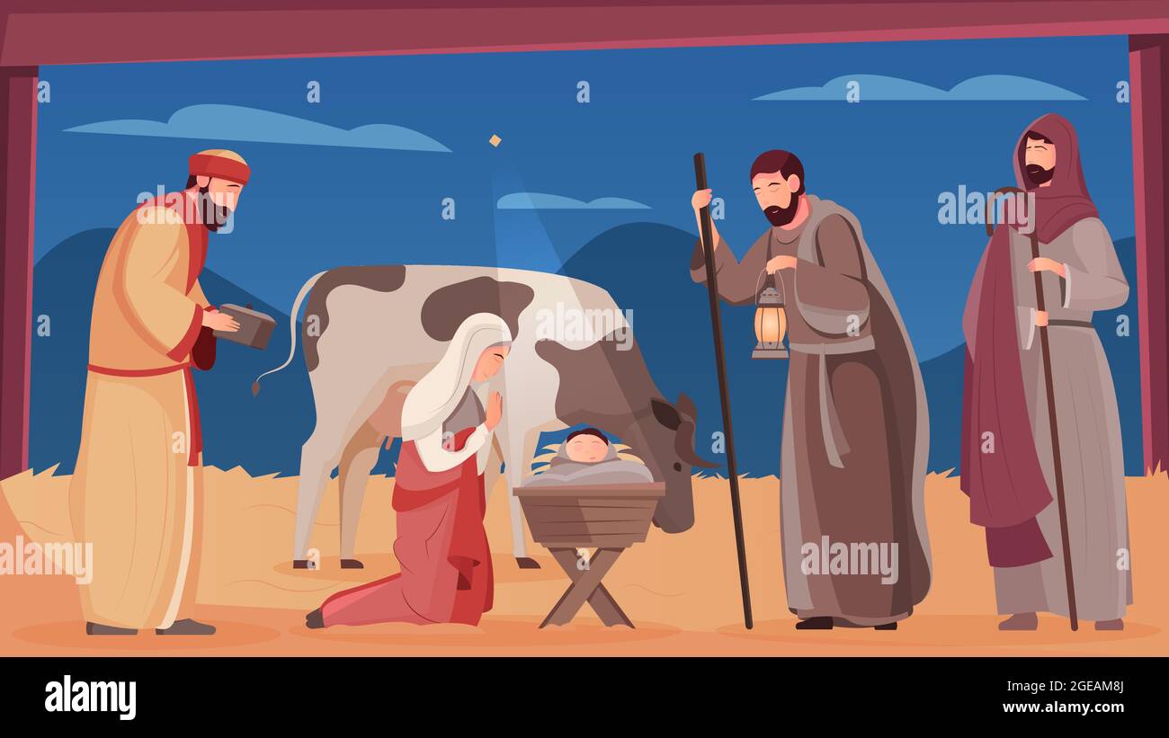 Scene of jesus christ birth in wooden manger flat vector illustration ...