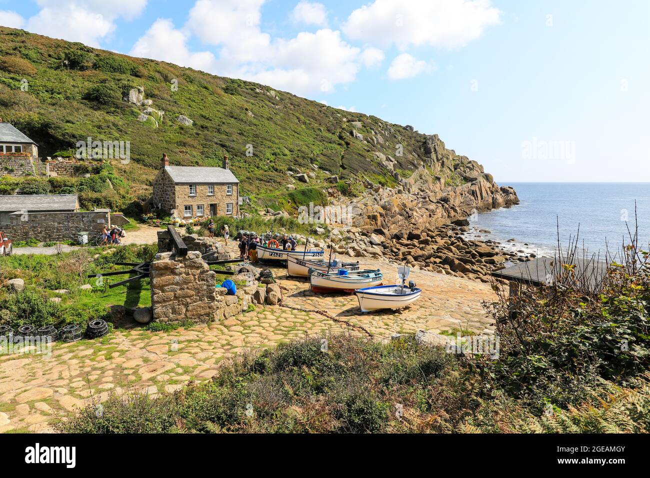Fishing boats on the slipway at Penberth Cove, a small village on the ...