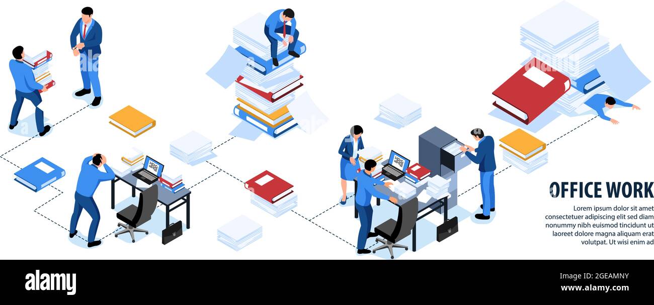 Disorganized office work problems isometric infographic flowchart with ...