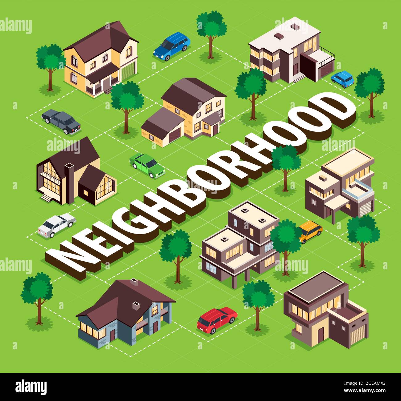 Modern suburb neighborhood cottages houses private space car ...