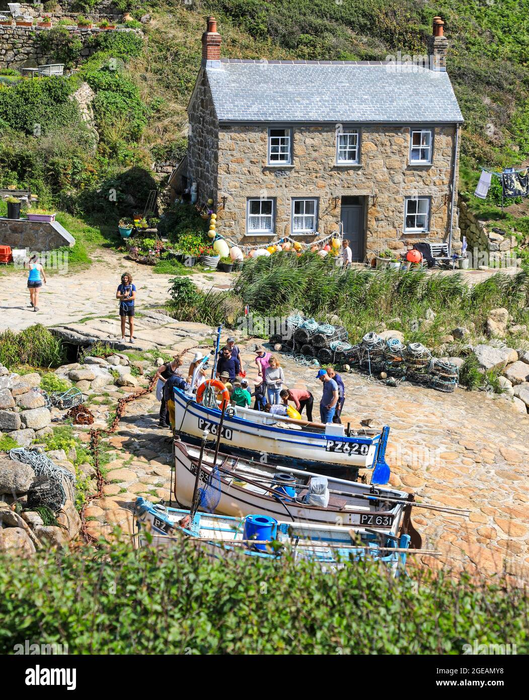 Fishing boats on the slipway at Penberth Cove, a small village on the ...