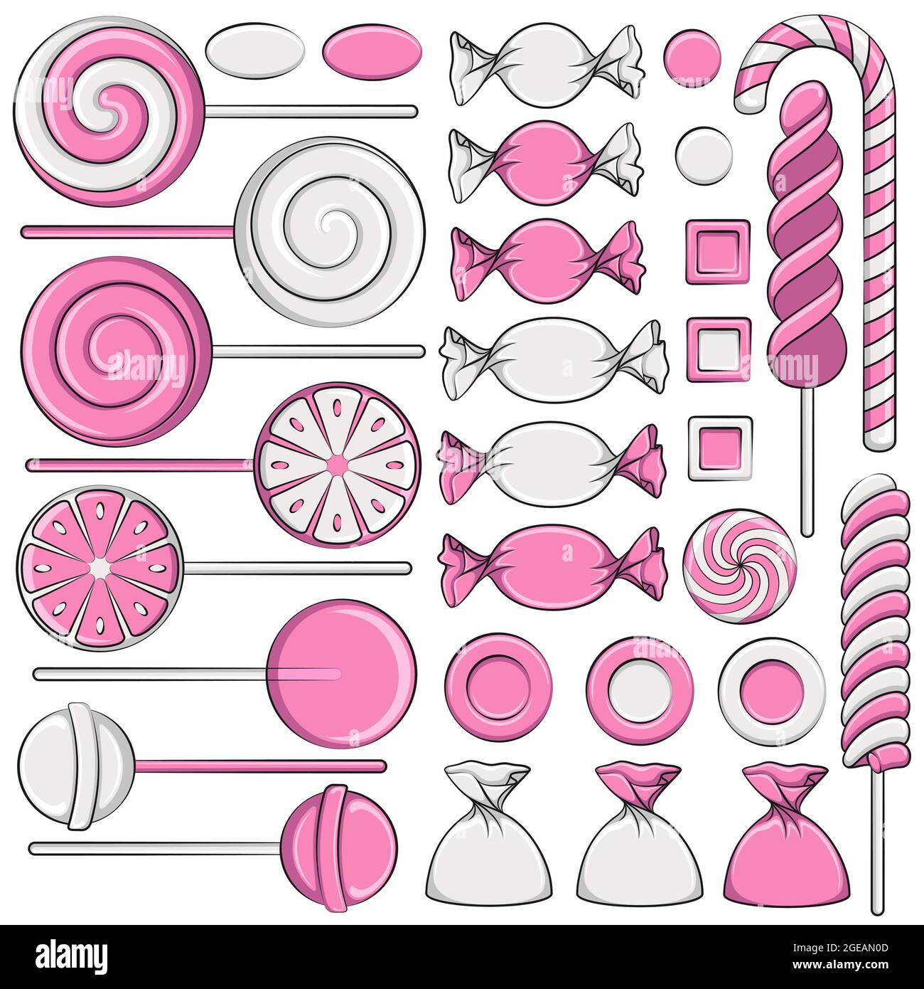 Set of color illustrations with colored pink sweets. Isolated vector ...