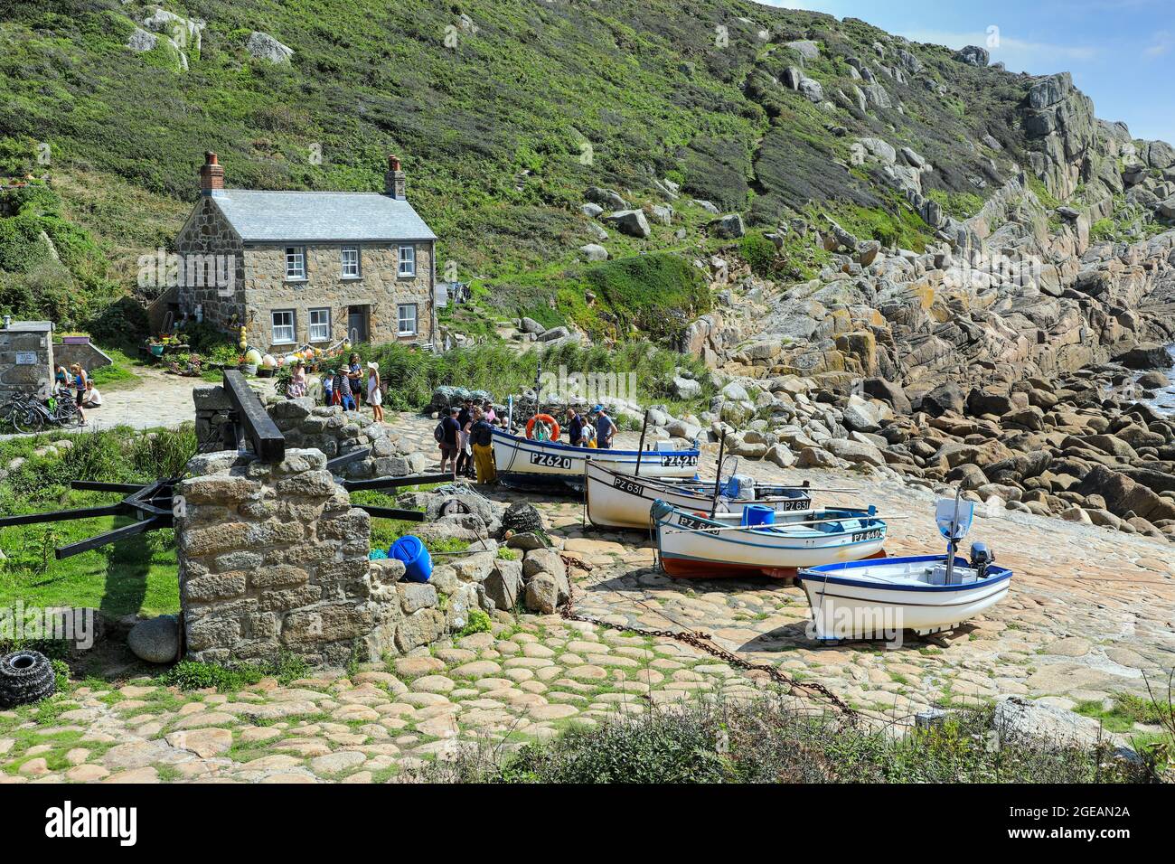 Fishing boats on the slipway at Penberth Cove, a small village on the ...